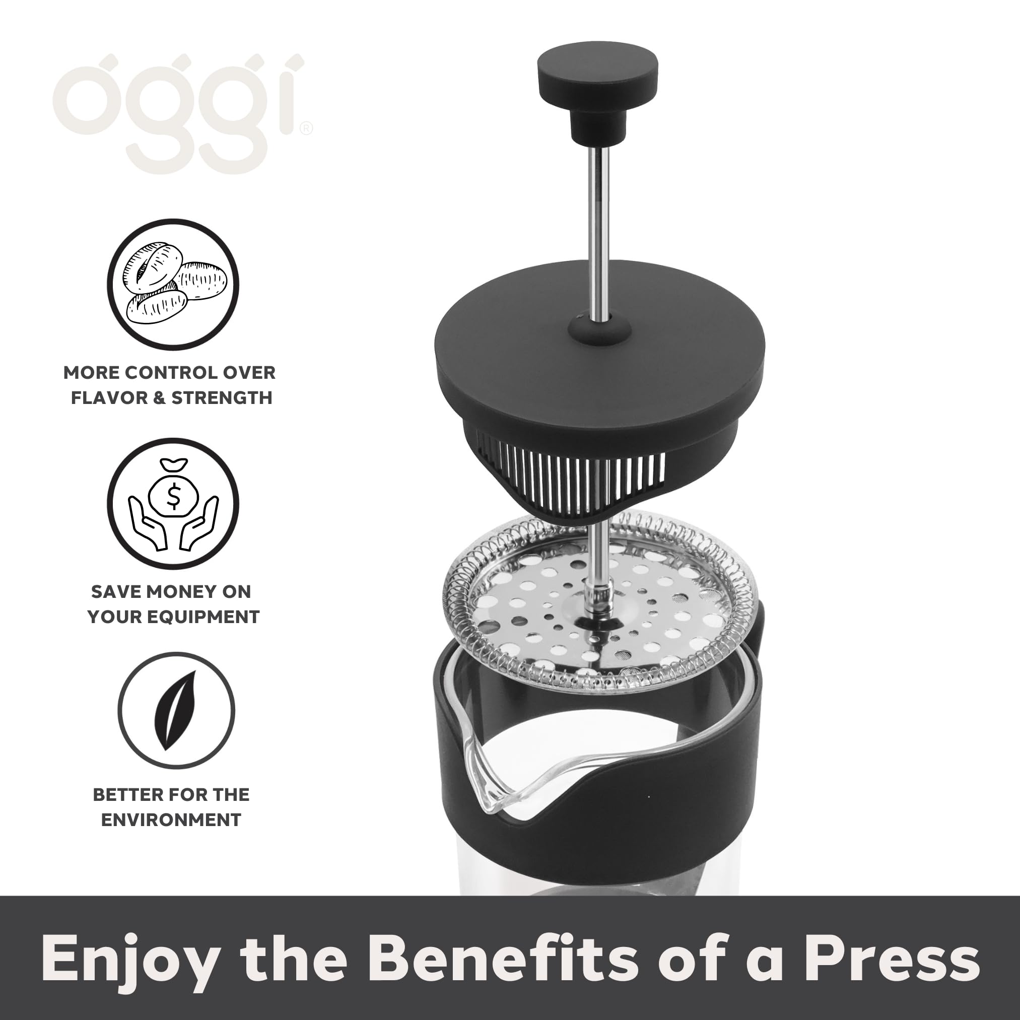 Oggi Borosilicate Glass French Press Coffee Maker (20oz)- 5 Cup Capacity, Coffee Press, Single Serve Coffee Maker, Stainless Steel Lid & Plunger, Make Great Coffee Gifts