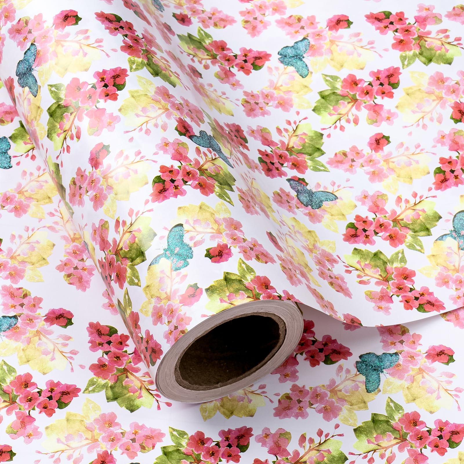WRAPAHOLIC Lagre Floral Wrapping Paper Roll - Glitter Floral Butterfly Wrapping Paper for Wedding, Women Birthday, Mother's Day, Valentine's Day - 30 inch x 16.5 feet