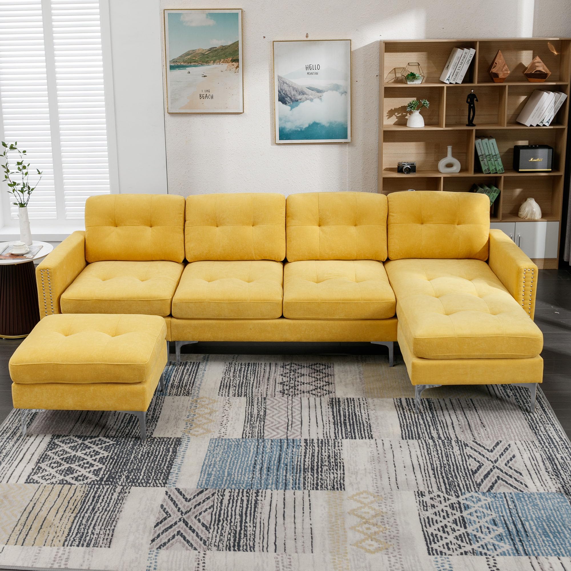 FIQHOME Living Room Furniture Sets,110" Reversible Sectional Sofa,U/L Shaped Couch with Movable Ottoman,Modular Oversized Sofá w/Lounge Chaise for Home,Office,Apartment,Dorm,Yellow