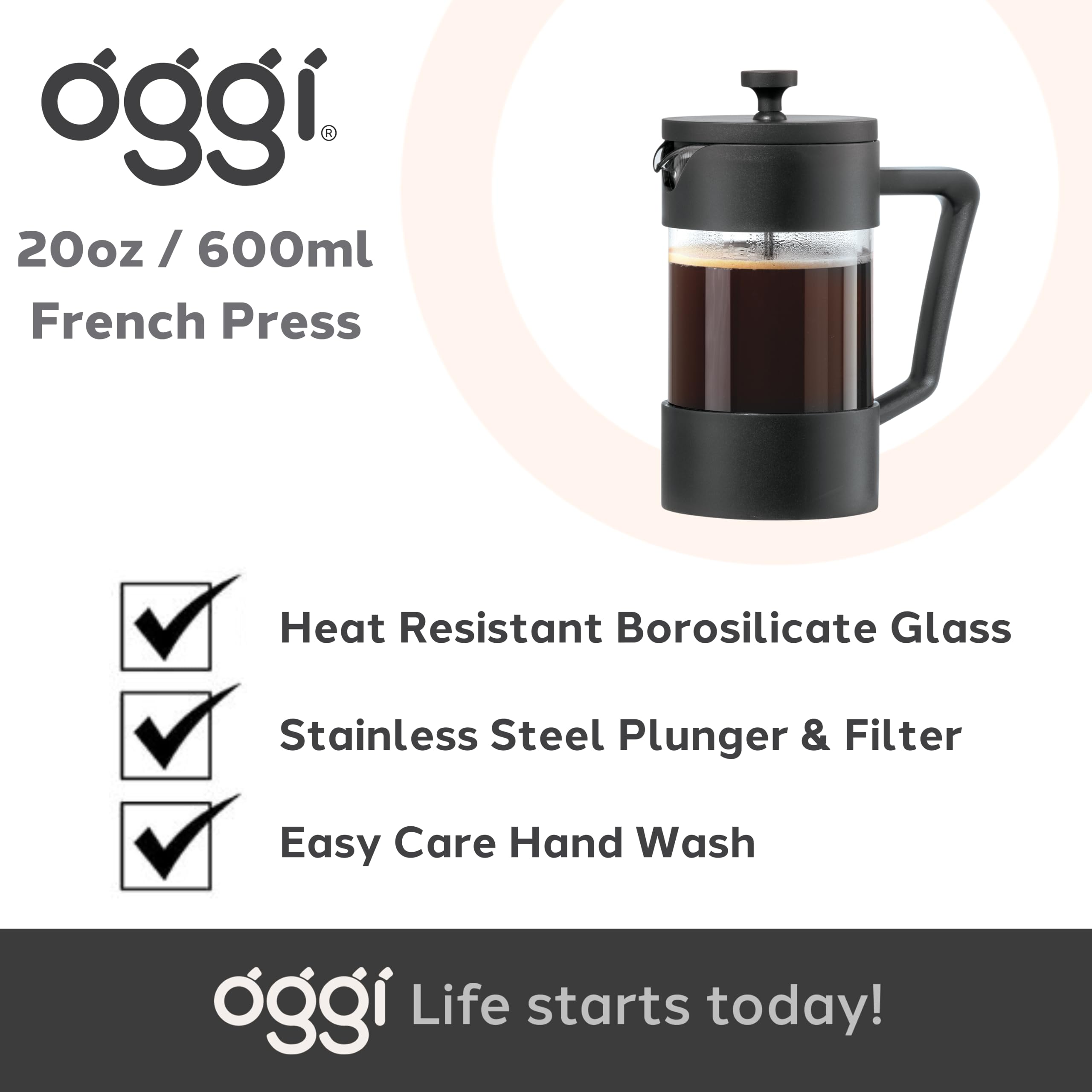 Oggi Borosilicate Glass French Press Coffee Maker (20oz)- 5 Cup Capacity, Coffee Press, Single Serve Coffee Maker, Stainless Steel Lid & Plunger, Make Great Coffee Gifts