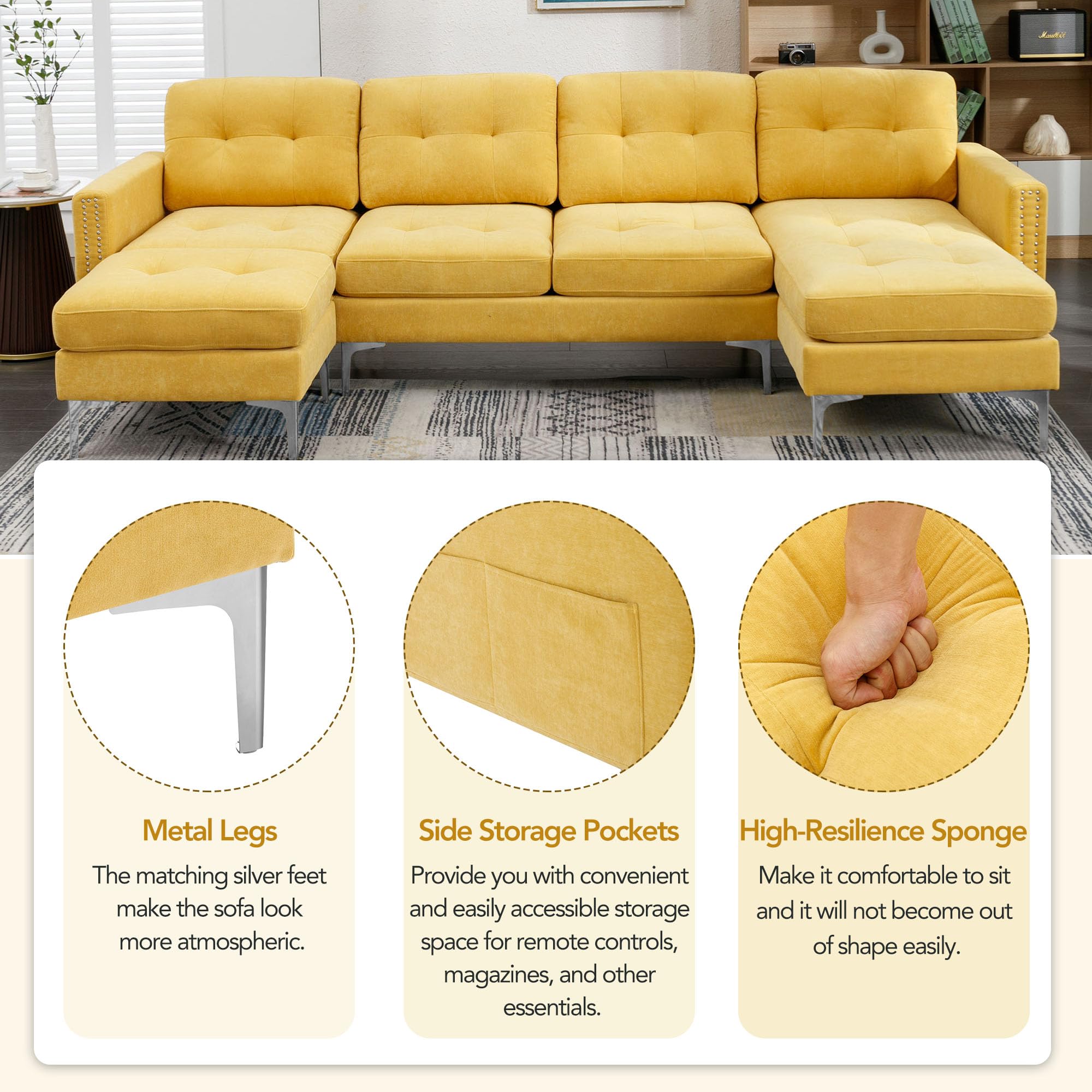 FIQHOME Living Room Furniture Sets,110" Reversible Sectional Sofa,U/L Shaped Couch with Movable Ottoman,Modular Oversized Sofá w/Lounge Chaise for Home,Office,Apartment,Dorm,Yellow