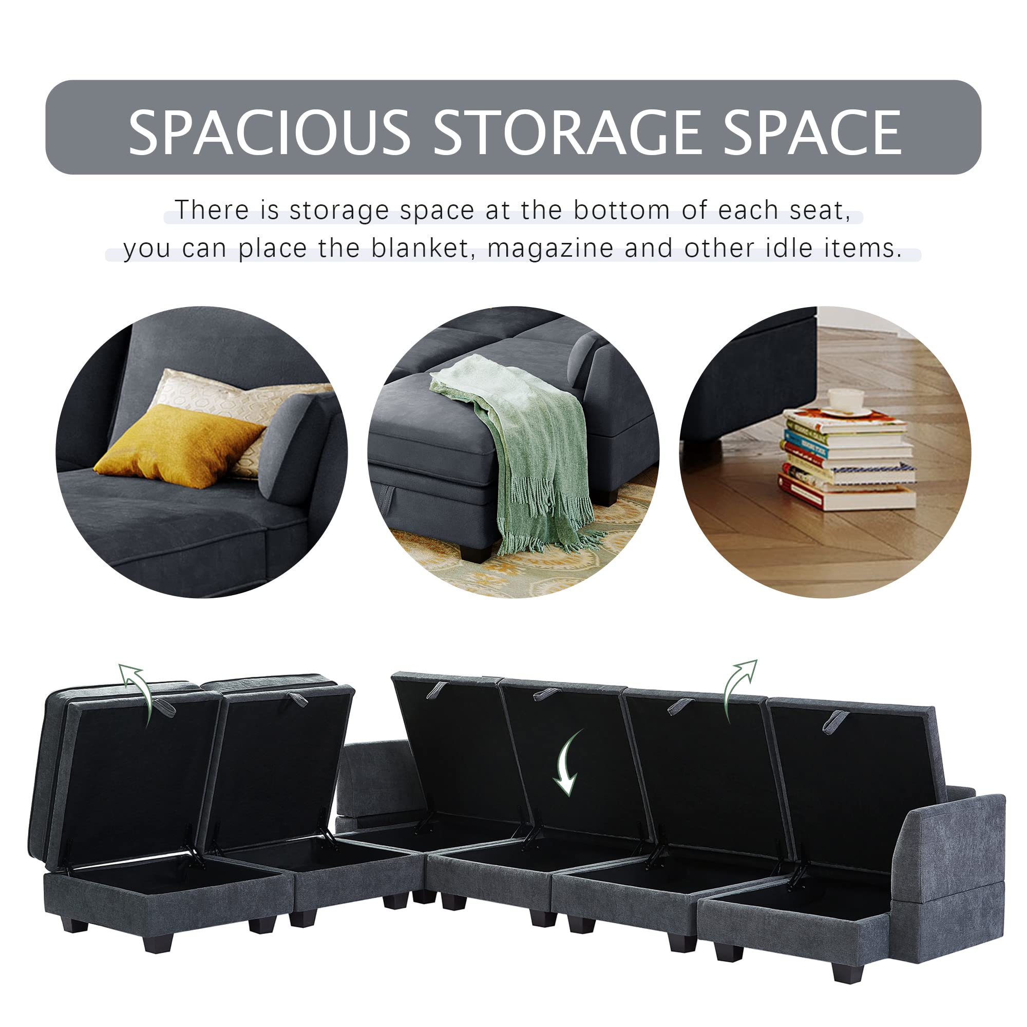 Lifeand Modern Large U-Shape Modular Sectional, Convertible Sofa Bed with Reversible Chaise for Living Room, Storage Seat, Gray