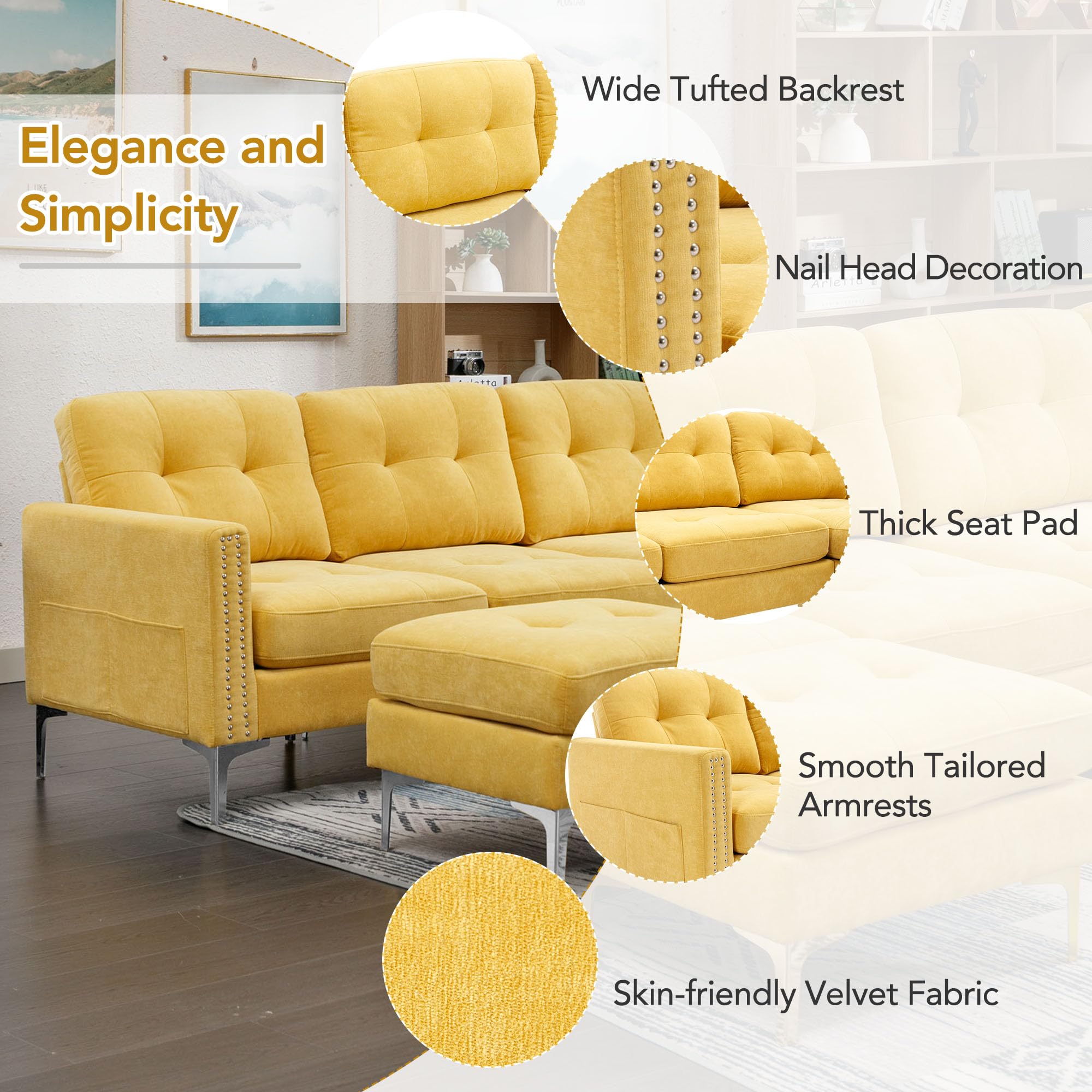 FIQHOME Living Room Furniture Sets,110" Reversible Sectional Sofa,U/L Shaped Couch with Movable Ottoman,Modular Oversized Sofá w/Lounge Chaise for Home,Office,Apartment,Dorm,Yellow