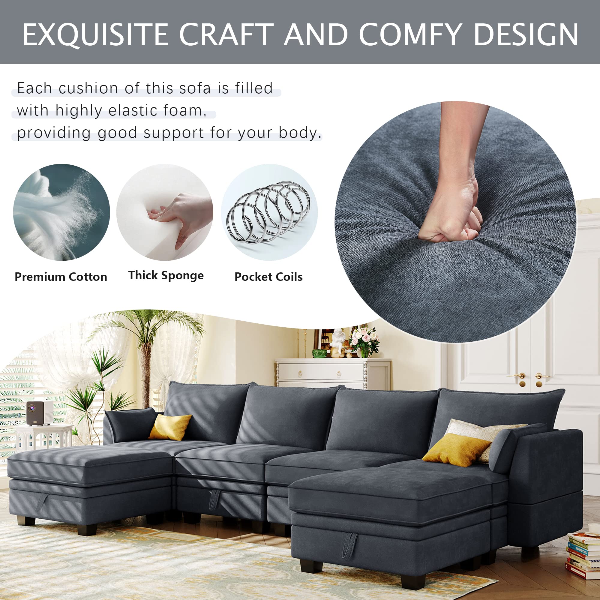Lifeand Modern Large U-Shape Modular Sectional, Convertible Sofa Bed with Reversible Chaise for Living Room, Storage Seat, Gray