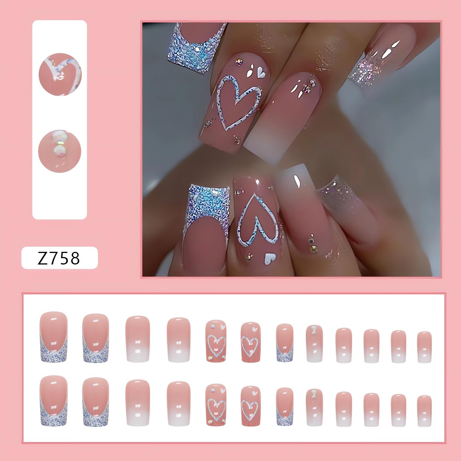 SINSEN Square Press on Nails Medium Length - French Tip Press on Nails Heart Deign, Glossy Pink Fake Nails with Adhesive Glue Stickers, Reusable Stick on Nails in 12 Sizes, 24 Pcs Medium French Nails