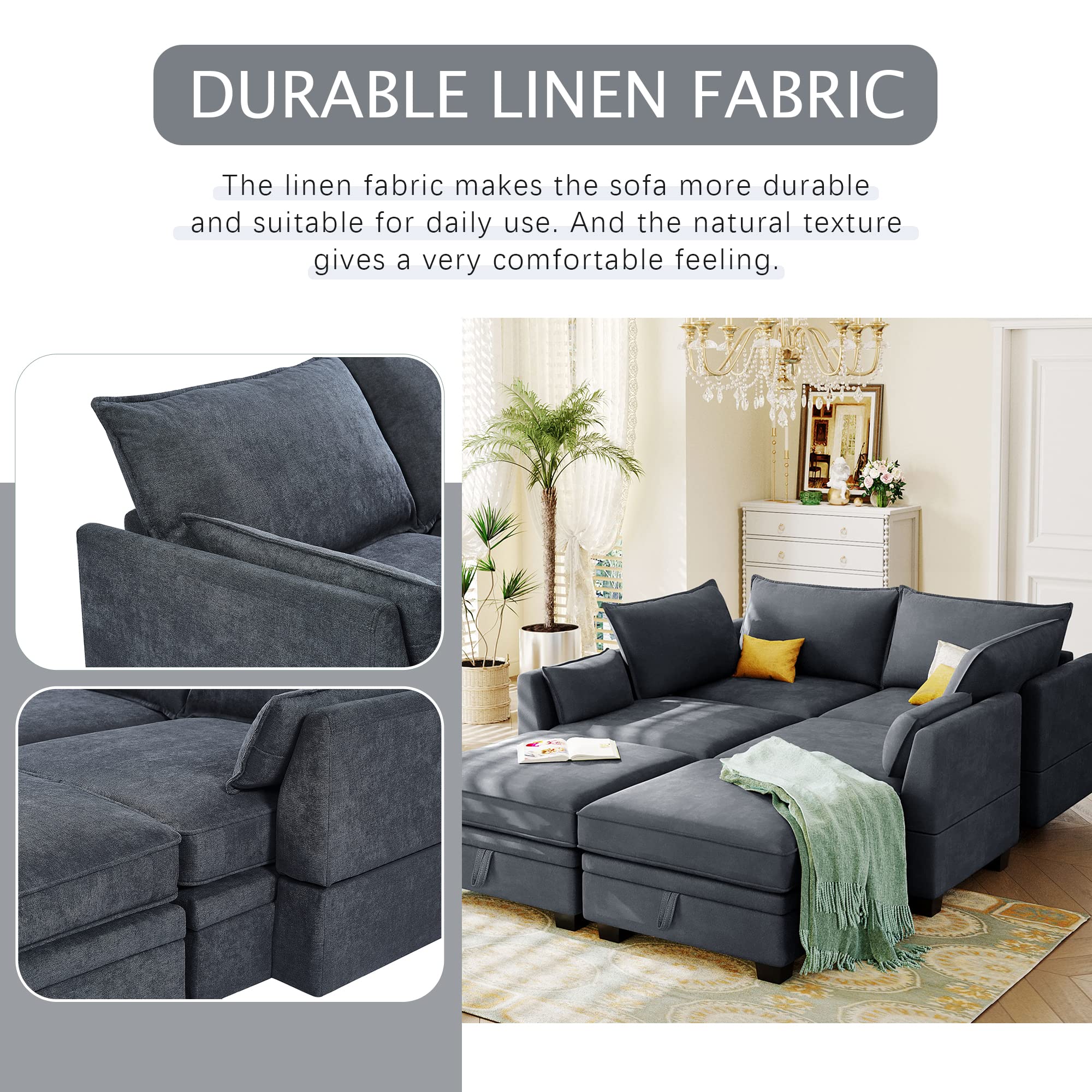 Lifeand Modern Large U-Shape Modular Sectional, Convertible Sofa Bed with Reversible Chaise for Living Room, Storage Seat, Gray