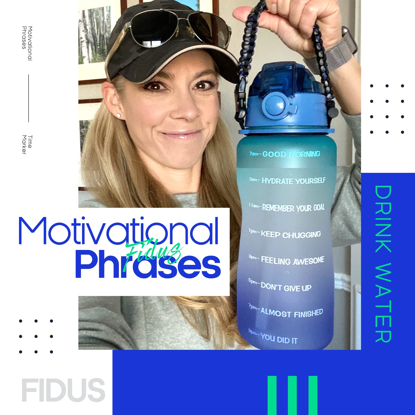Fidus Large Half Gallon/64OZ Motivational Water Bottle with Paracord Handle & Removable Straw - BPA Free Leakproof Water Jug with Time Marker to Ensure You Drink Enough Water Daily
