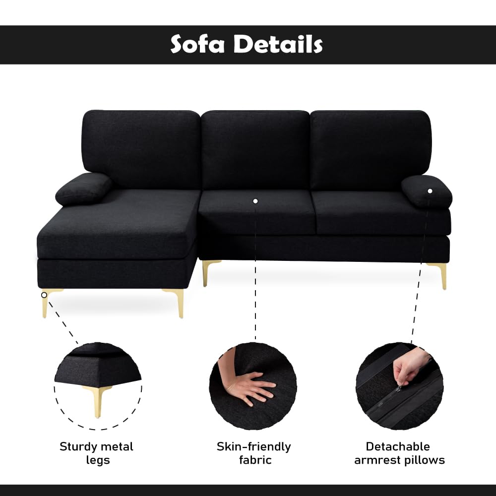 Lepfun 79.5" Modern Sectional Chaise Lounge, L Shaped Corner Living Room Small Spaces, Comfy Sofa & Couch with Solid Wood Frame, Detachable Pillow-Top Armrest, Black