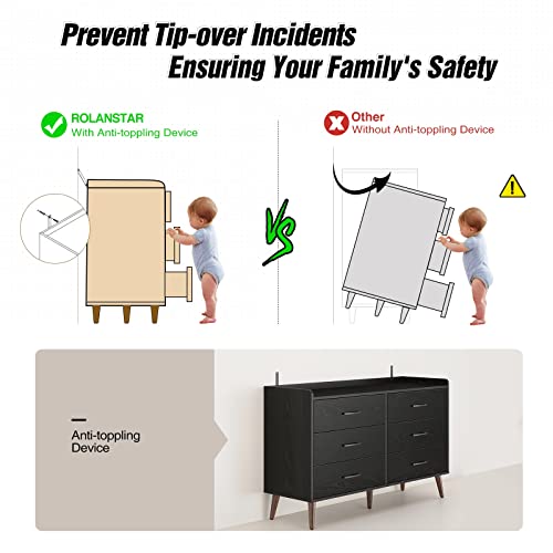 Rolanstar Drawer Dresser-Tool Free Quick Install, 6 Drawers Storage Dresser with Foldable Drawer Dividers, Modern Chest of Drawer, Black(Tool Free Except Drawer Handle and Foot)