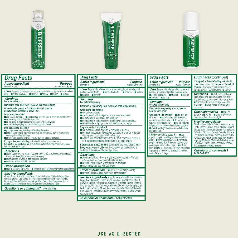 Biofreeze Pain Relief Roll-On, Gel & Spray, Knee & Lower Back Pain Relief, Sore Muscle Relief, Neck Pain Relief, FSA Eligible, Assortment Pack (Menthol 3 FL OZ Roll-On, 4 FL OZ Gel, 4 FL OZ Spray)