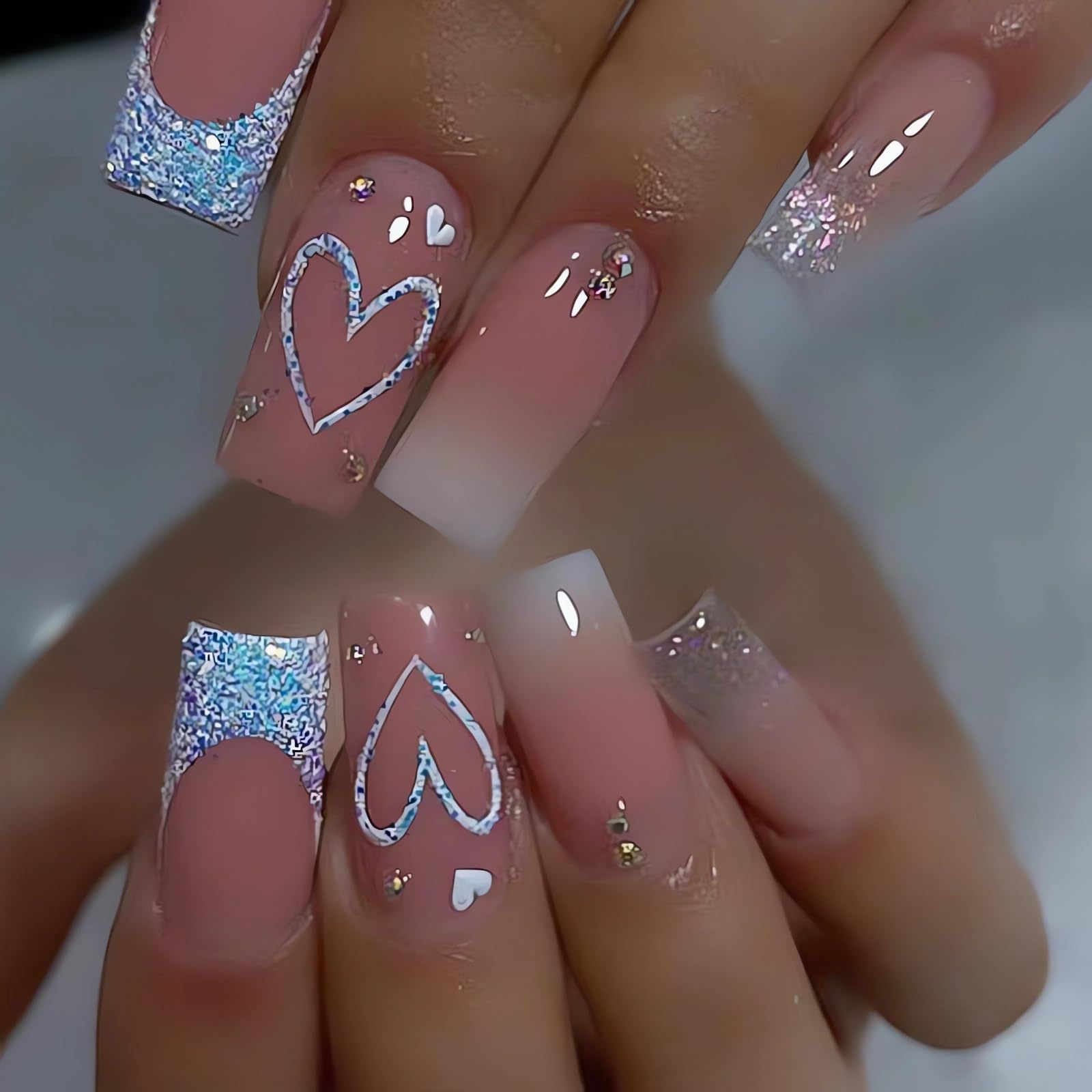 SINSEN Square Press on Nails Medium Length - French Tip Press on Nails Heart Deign, Glossy Pink Fake Nails with Adhesive Glue Stickers, Reusable Stick on Nails in 12 Sizes, 24 Pcs Medium French Nails