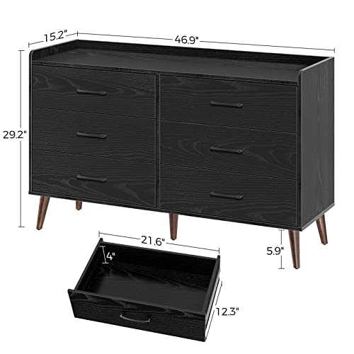 Rolanstar Drawer Dresser-Tool Free Quick Install, 6 Drawers Storage Dresser with Foldable Drawer Dividers, Modern Chest of Drawer, Black(Tool Free Except Drawer Handle and Foot)