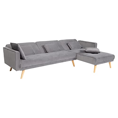 Penifun L Shaped Couch Sectional Sofa 3 seat Set for Living Room, 104.5" W 3 Seater Right Chaise Lounge, Convertible Folding Futon Bed Sleeper with 3 Pillows & 3 Backrest Settings-120°/150°/180°, Gray