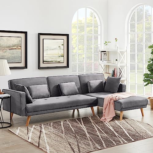 Penifun L Shaped Couch Sectional Sofa 3 seat Set for Living Room, 104.5" W 3 Seater Right Chaise Lounge, Convertible Folding Futon Bed Sleeper with 3 Pillows & 3 Backrest Settings-120°/150°/180°, Gray