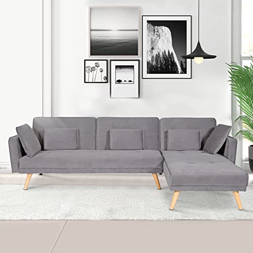 Penifun L Shaped Couch Sectional Sofa 3 seat Set for Living Room, 104.5" W 3 Seater Right Chaise Lounge, Convertible Folding Futon Bed Sleeper with 3 Pillows & 3 Backrest Settings-120°/150°/180°, Gray