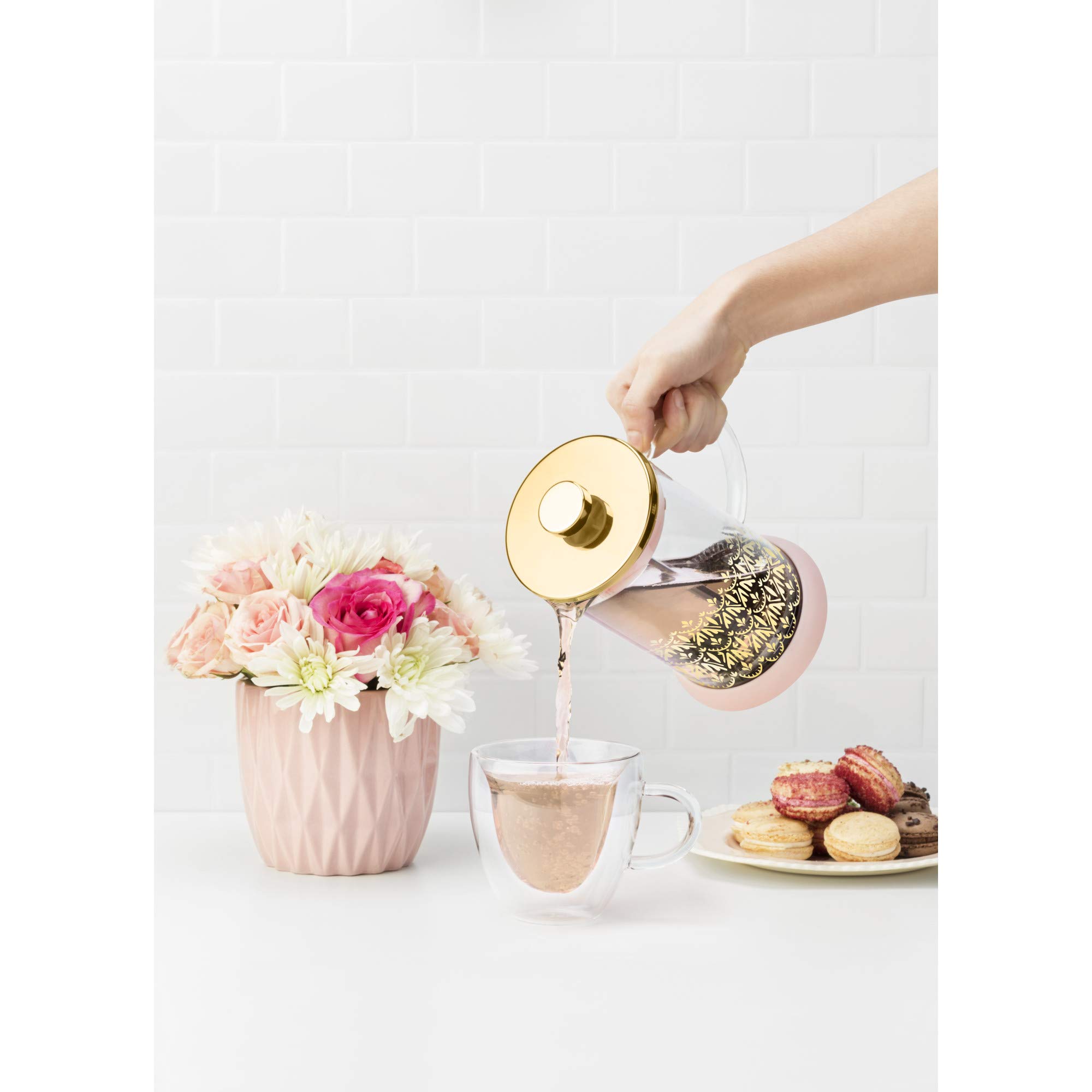 Pinky Up Riley Casablanca Glass Tea Press Pot, Coffee Maker, French Press for Loose Leaf Tea and Coffee, Hot or Iced Beverage Brewer, 34 oz, Pink And Gold