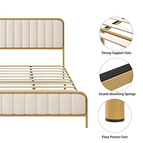 HITHOS King Size Bed Frame, Upholstered Bed Frame with Button Tufted Headboard, Heavy Duty Metal Mattress Foundation with Wooden Slats, Easy Assembly, No Box Spring Needed (Golden/Off White, King)