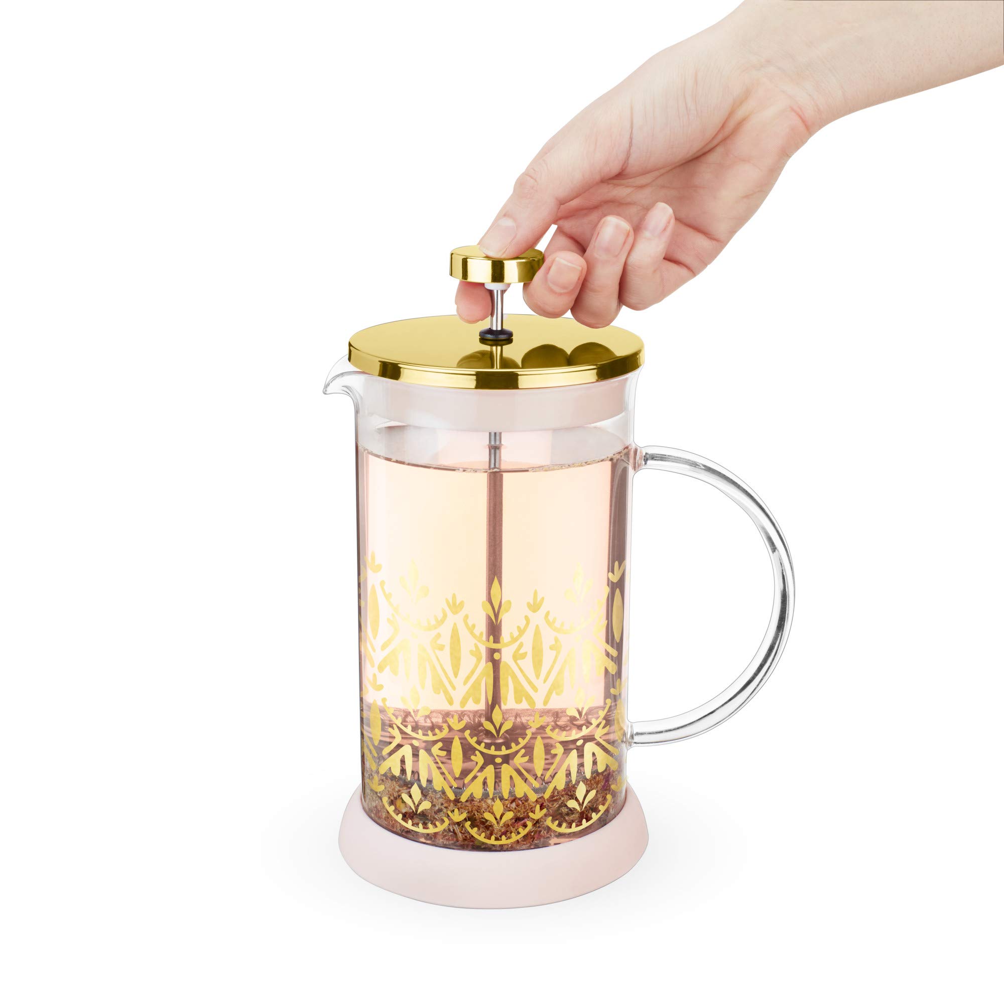 Pinky Up Riley Casablanca Glass Tea Press Pot, Coffee Maker, French Press for Loose Leaf Tea and Coffee, Hot or Iced Beverage Brewer, 34 oz, Pink And Gold