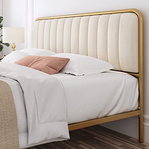 HITHOS King Size Bed Frame, Upholstered Bed Frame with Button Tufted Headboard, Heavy Duty Metal Mattress Foundation with Wooden Slats, Easy Assembly, No Box Spring Needed (Golden/Off White, King)