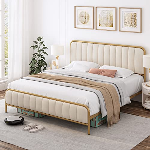 HITHOS King Size Bed Frame, Upholstered Bed Frame with Button Tufted Headboard, Heavy Duty Metal Mattress Foundation with Wooden Slats, Easy Assembly, No Box Spring Needed (Golden/Off White, King)