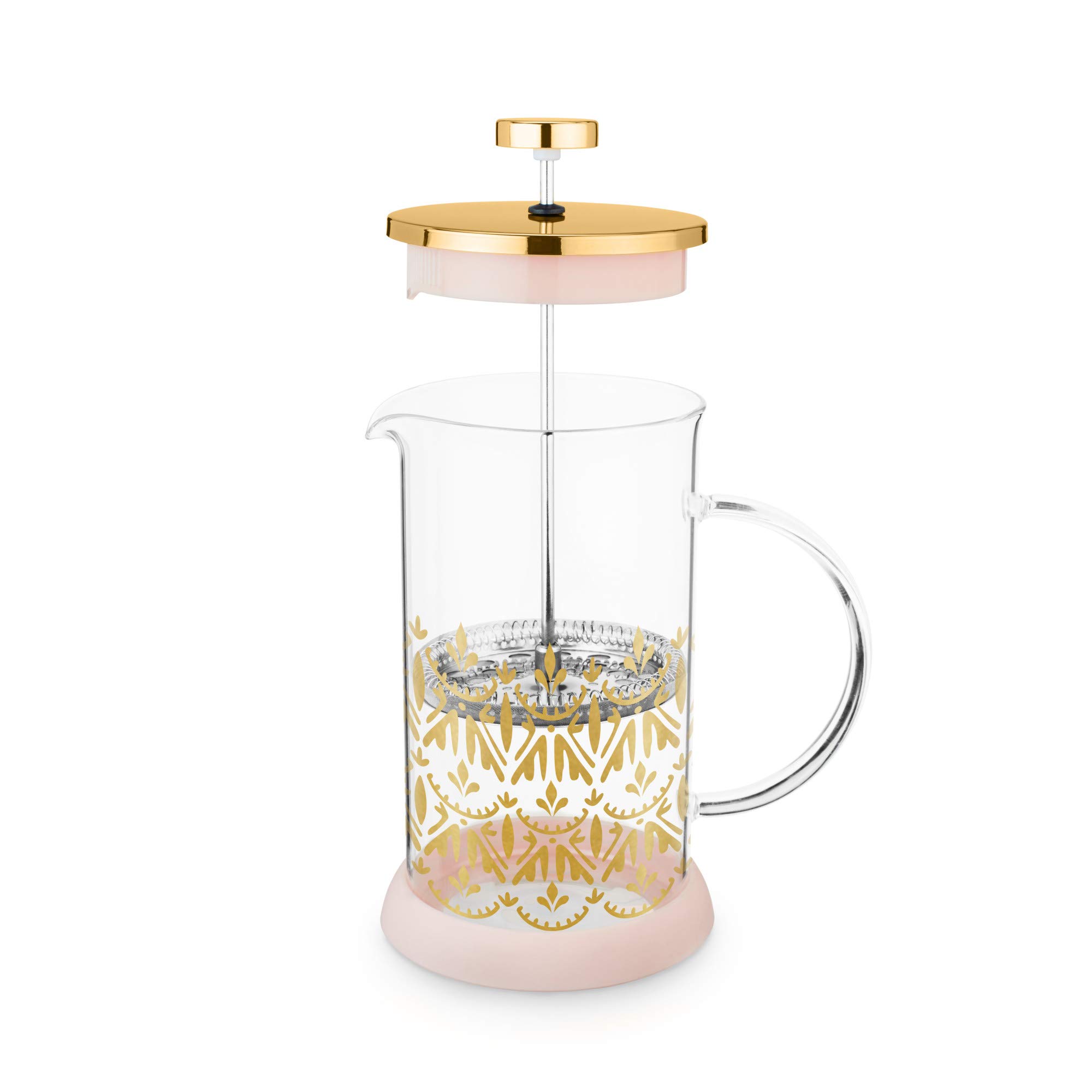 Pinky Up Riley Casablanca Glass Tea Press Pot, Coffee Maker, French Press for Loose Leaf Tea and Coffee, Hot or Iced Beverage Brewer, 34 oz, Pink And Gold