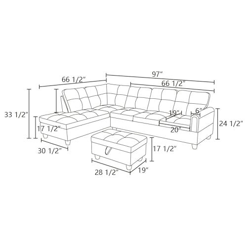 NOTOP 3-Piece Faux Leather L-Shaped Sectional Sofas, Button Tufted Upholstered Couch Set with Left Chaise Longue and Storage Ottoman, for Living Room, Home, Office, Dark Grey