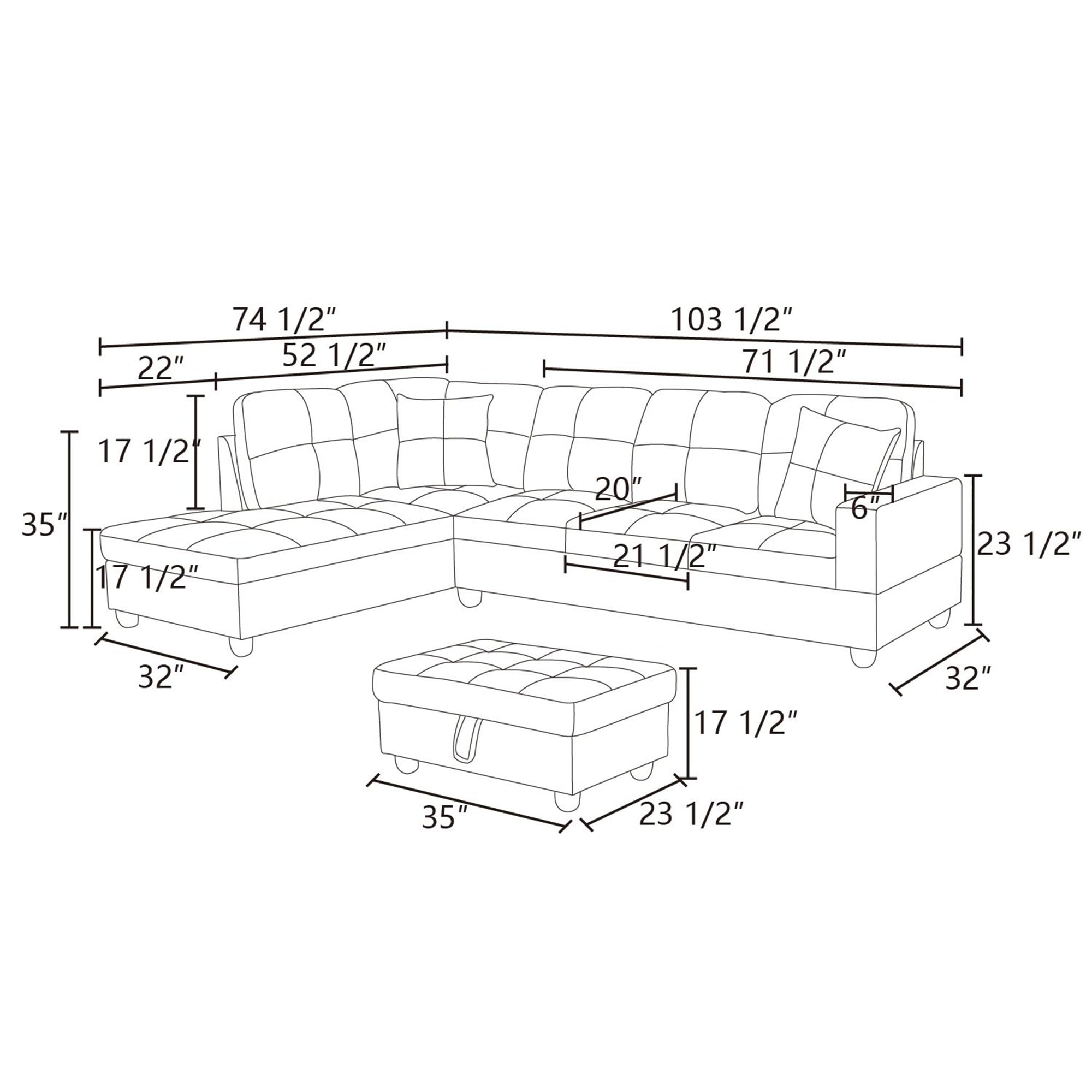 NOTOP 3-Piece Linen Leather L-Shaped Sectional Sofas, Button Tufted Upholstered Couch Set with Left Chaise Longue and Storage Ottoman, for Living Room, Home, Office, Grey
