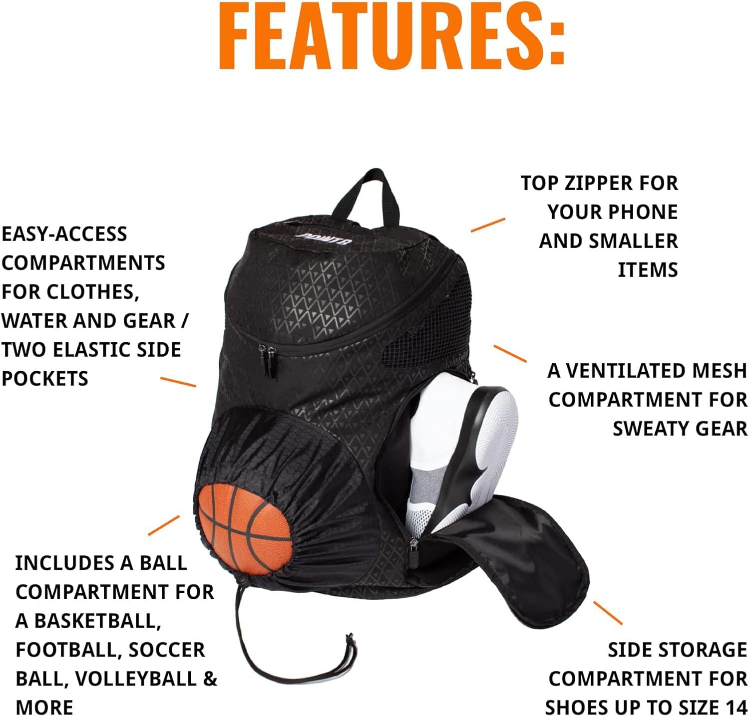 Point 3 Phoenix Suns Road Trip 2.0 Backpack Basketball Backpack with Drawstrong Closure | Ventilated Mesh Shoe Pocket Compartment | Black
