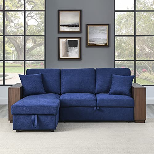 HomsSof Sectional Sofa with Pulled Out Bed Couch,2 Seats Sofa and Reversible Chaise with Storage,MDF Shelf Armrest,Two Pillows,88" x52" x 34",Navy Blue