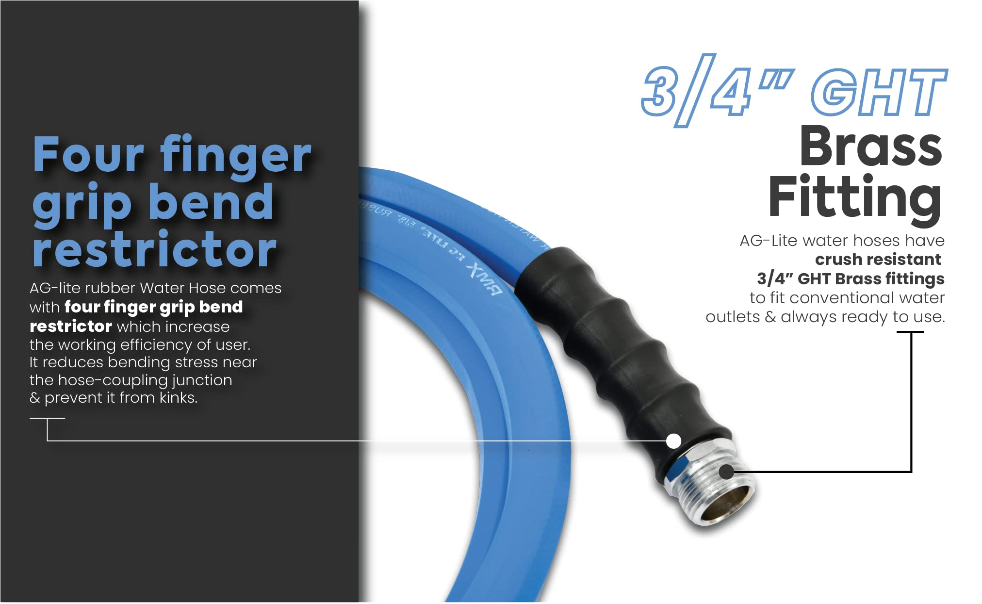 AG-LITE BSAL5806 5/8" x 06' Hot/Cold Water Rubber Garden Hose, 100% Rubber, Ultra-Light, Super Strong, 500 PSI, 50F to 190F Degrees, High Strength Polyester Braided