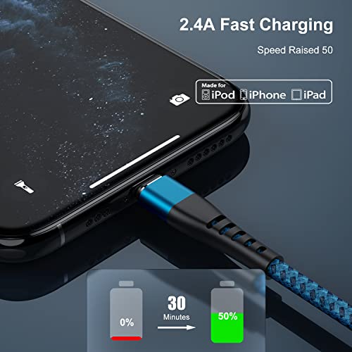 Essri Apple MFi Certified 3 Pack iPhone Charger 6ft, Long Lightning Cable Strong Nylon Braided Charging Cable 6 Foot, Fast iPhone USB Cord for Apple iPhone 14/13/12/11/X/XS/XR/8/iPad Mini Air(Blue)