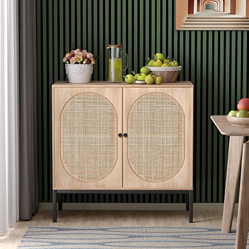 Sideboard Storage Cabinet with Handmade Natural Rattan Doors, Accent Cabinet Rattan Cabinet Buffet Cabinet with Storage, for Living Room, Dining Room, Entryway, Kitchen, Nature