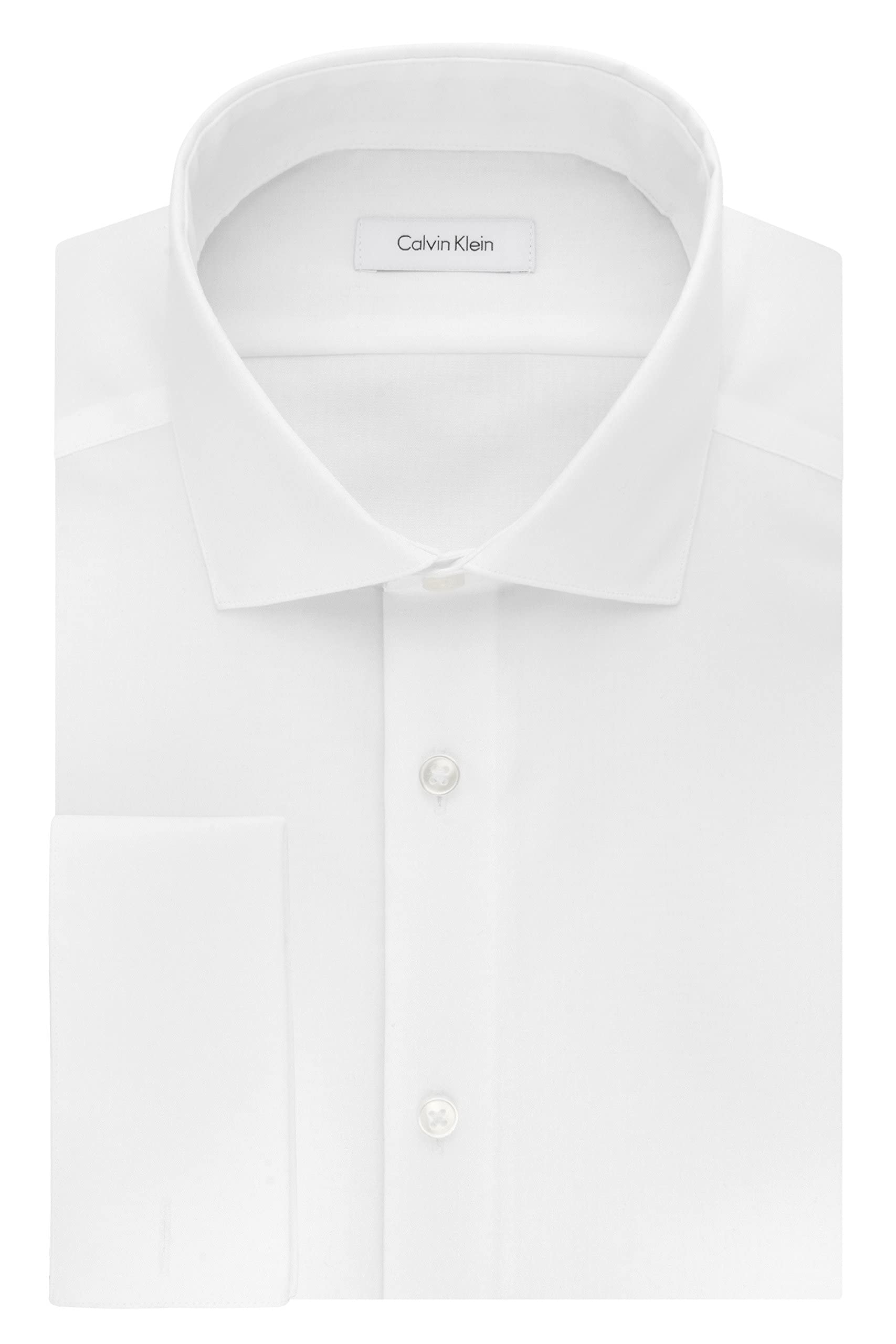 Calvin Klein Men's Non Iron Regular Fit Herringbone French Cuff Dress Shirt, White, 17.5" Neck 34"-35" Sleeve