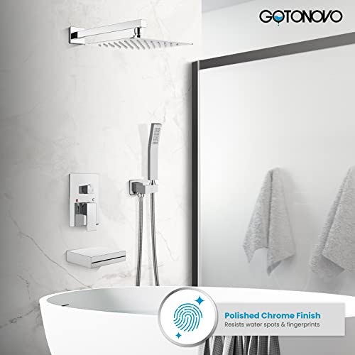 gotonovo Polish Chrome Rain Mixer Shower Faucet Set with Waterfall Tub Spout 10 inch Square Rainfall Shower Head with Handheld Spray Wall Mounted Rough-in Valve and Trim Included