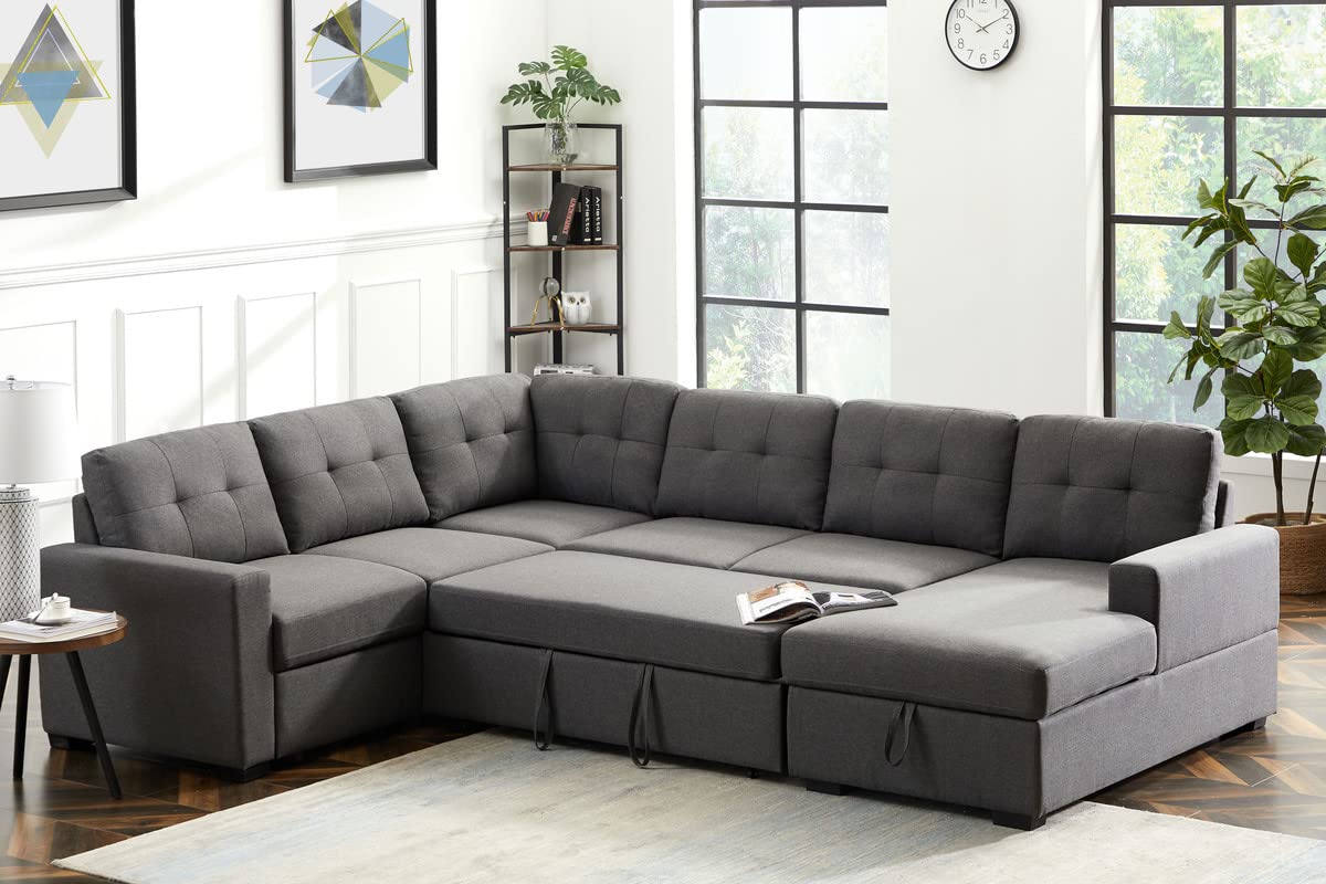 U-Shaped Corner 6 Seater Sofa & Couch Convertible Sleeper Sectional Sofa with Pull Out Sofabed & Sleeper Couch Bed and Storage Chaise for Home Office Apartment Living Room Furniture Sets, Dark Gray