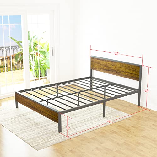 Weehom Queen Size Bed Frame with Wood Headboard Solid Wood Beds for Adults Strong Metal Slats Support Beds No Box Spring Needed Lock Design Brown