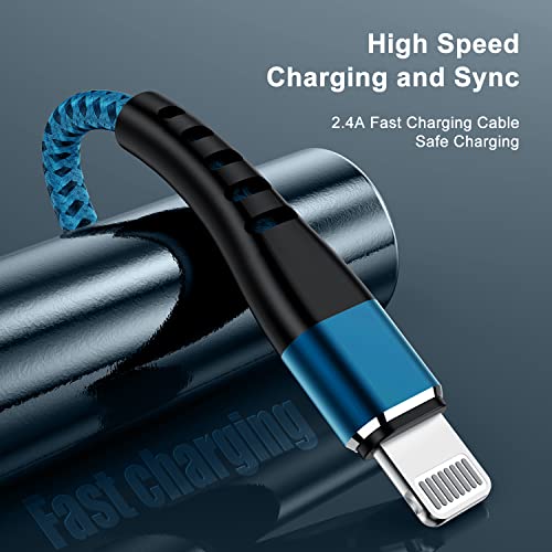 Essri Apple MFi Certified 3 Pack iPhone Charger 6ft, Long Lightning Cable Strong Nylon Braided Charging Cable 6 Foot, Fast iPhone USB Cord for Apple iPhone 14/13/12/11/X/XS/XR/8/iPad Mini Air(Blue)