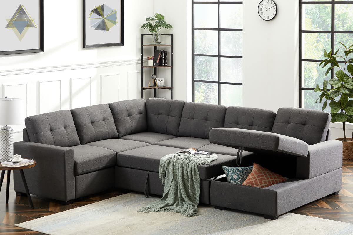 U-Shaped Corner 6 Seater Sofa & Couch Convertible Sleeper Sectional Sofa with Pull Out Sofabed & Sleeper Couch Bed and Storage Chaise for Home Office Apartment Living Room Furniture Sets, Dark Gray