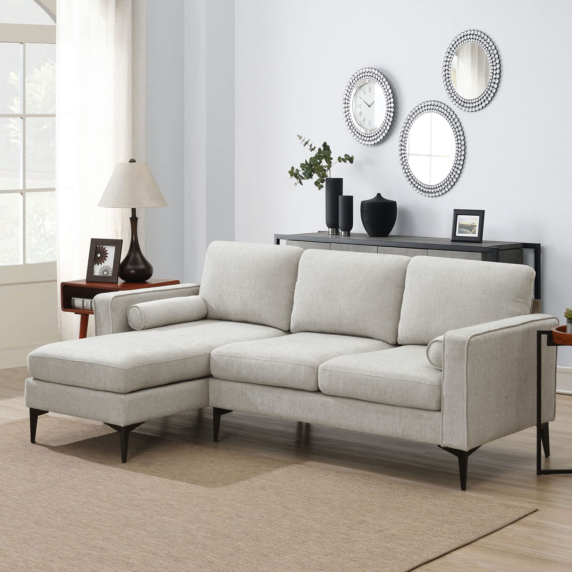Tiokop L-Shaped Sectional Sofa with Reversible Chaise Lounge, 3-Seat Convertible Couch w/ 2 Pillows and Metal Legs, 86 inch, Perfect for Living Room, Apartment, Small Space, Beige