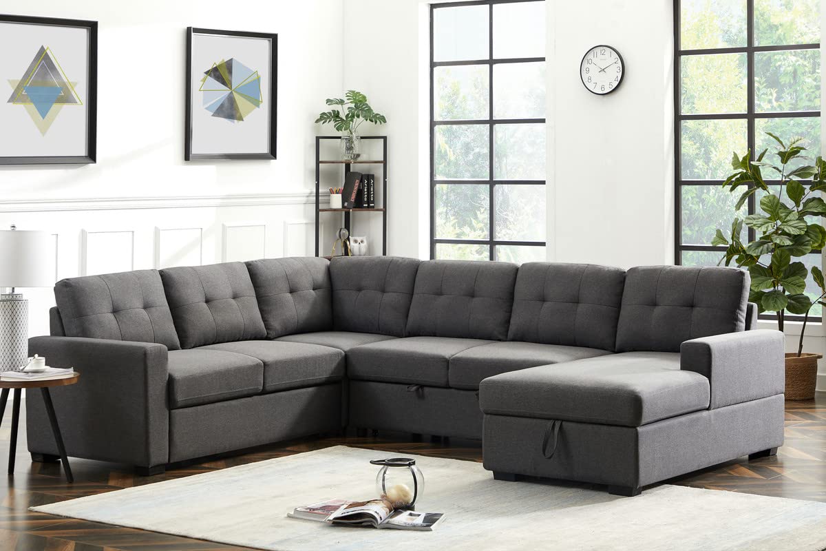 U-Shaped Corner 6 Seater Sofa & Couch Convertible Sleeper Sectional Sofa with Pull Out Sofabed & Sleeper Couch Bed and Storage Chaise for Home Office Apartment Living Room Furniture Sets, Dark Gray