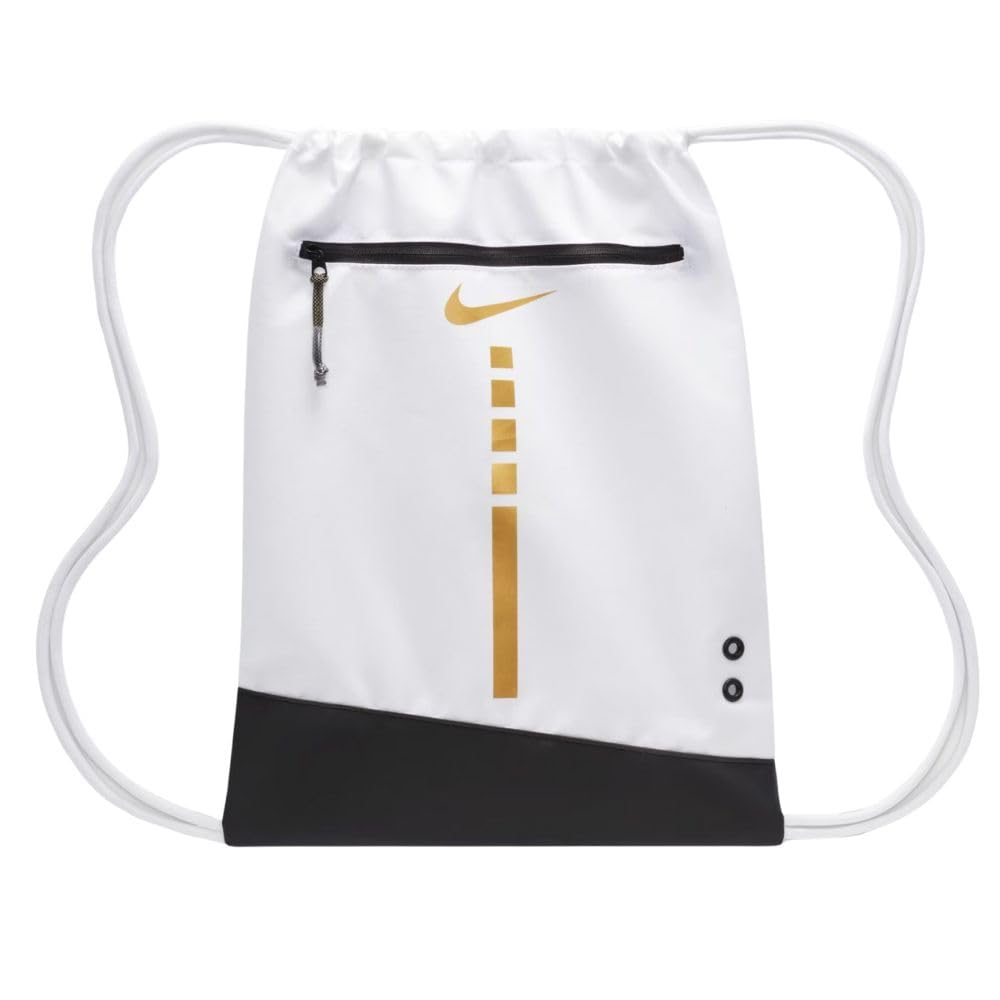 NIKE Hoops Elite Drawstring Bag (17L) DX9790-100 (WHITE/BLACK/METALLIC GOLD), Size ONE