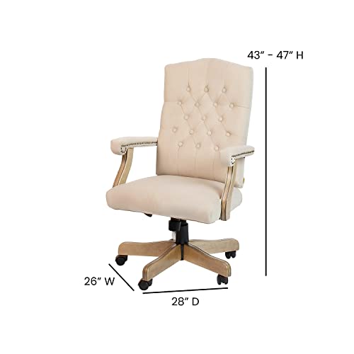 Flash Furniture Traditional Office Chair - Ivory Microfiber Tufted Swivel Office Chair - Home Office Desk Chair with Driftwood Base