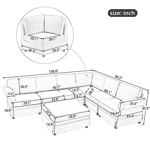 EMKK Sectional Couch L Shaped Sofa 6 Seat Sofa with Chaise,Removable Ottoman,Upholstered Modular Convertible Reversible Sofá,Living Room Furniture Sets for Large Space,Apartments