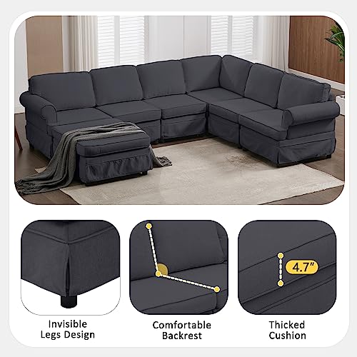 EMKK Sectional Couch L Shaped Sofa 6 Seat Sofa with Chaise,Removable Ottoman,Upholstered Modular Convertible Reversible Sofá,Living Room Furniture Sets for Large Space,Apartments