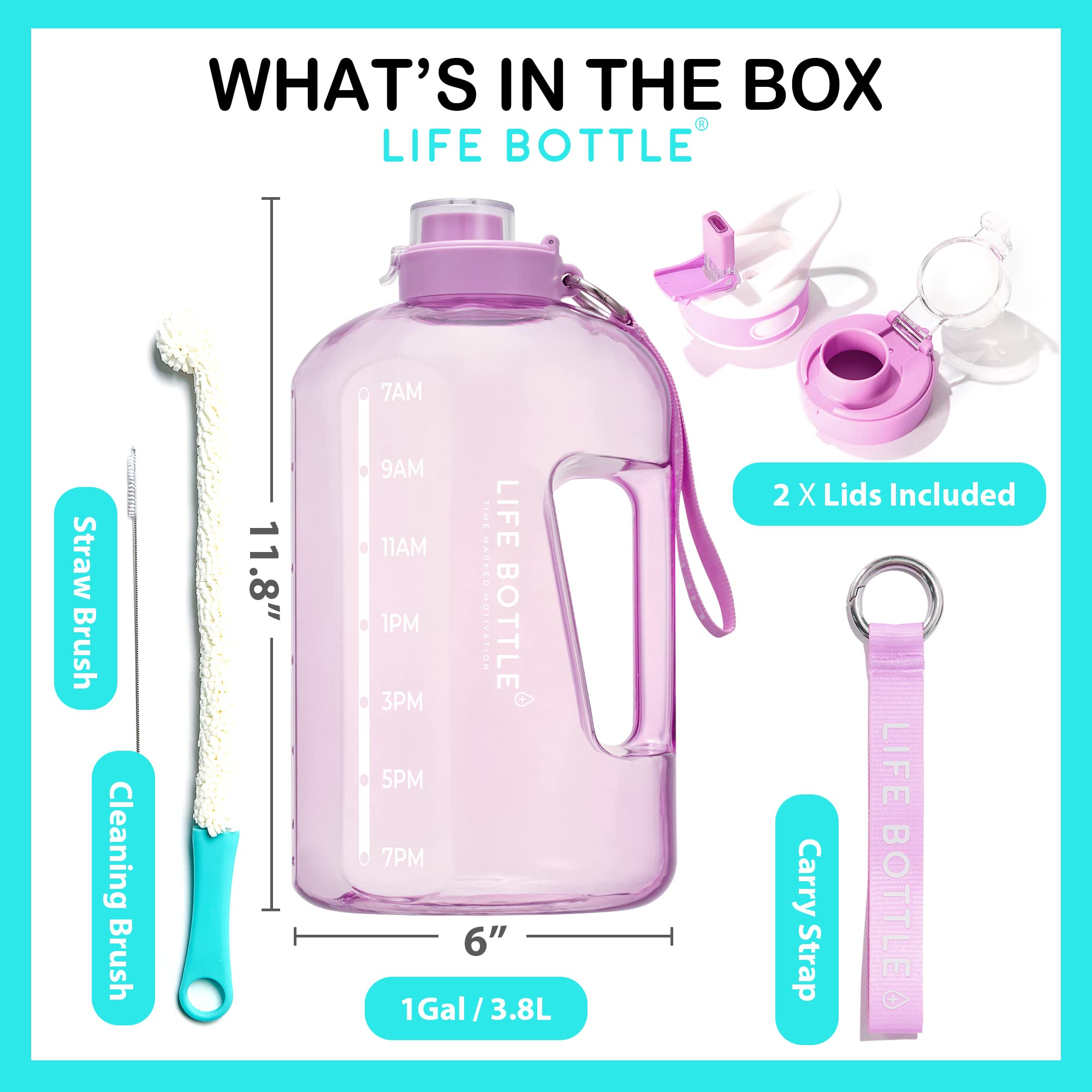 Life Bottle 1 Gallon Water Bottle with Straw Lid and Chug Lid, Leakproof Water Jug. Big Water Bottle with Time Marker, No Quotes. 128 oz with Handle and Straw, BPA Free