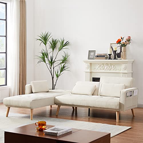 Antetek Convertible Linen Futon Sofa Bed, L-Shaped Sectional Sofa Couch with Left Chaise, Adjustable Backrest & 3 Toss Pillows, Mid-Century Modern Modular Sofa, Living Room Furniture Set (Beige)