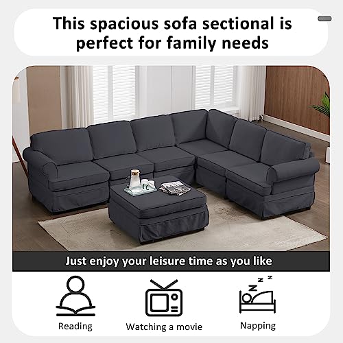 EMKK Sectional Couch L Shaped Sofa 6 Seat Sofa with Chaise,Removable Ottoman,Upholstered Modular Convertible Reversible Sofá,Living Room Furniture Sets for Large Space,Apartments
