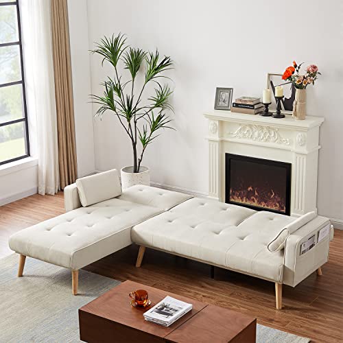 Antetek Convertible Linen Futon Sofa Bed, L-Shaped Sectional Sofa Couch with Left Chaise, Adjustable Backrest & 3 Toss Pillows, Mid-Century Modern Modular Sofa, Living Room Furniture Set (Beige)