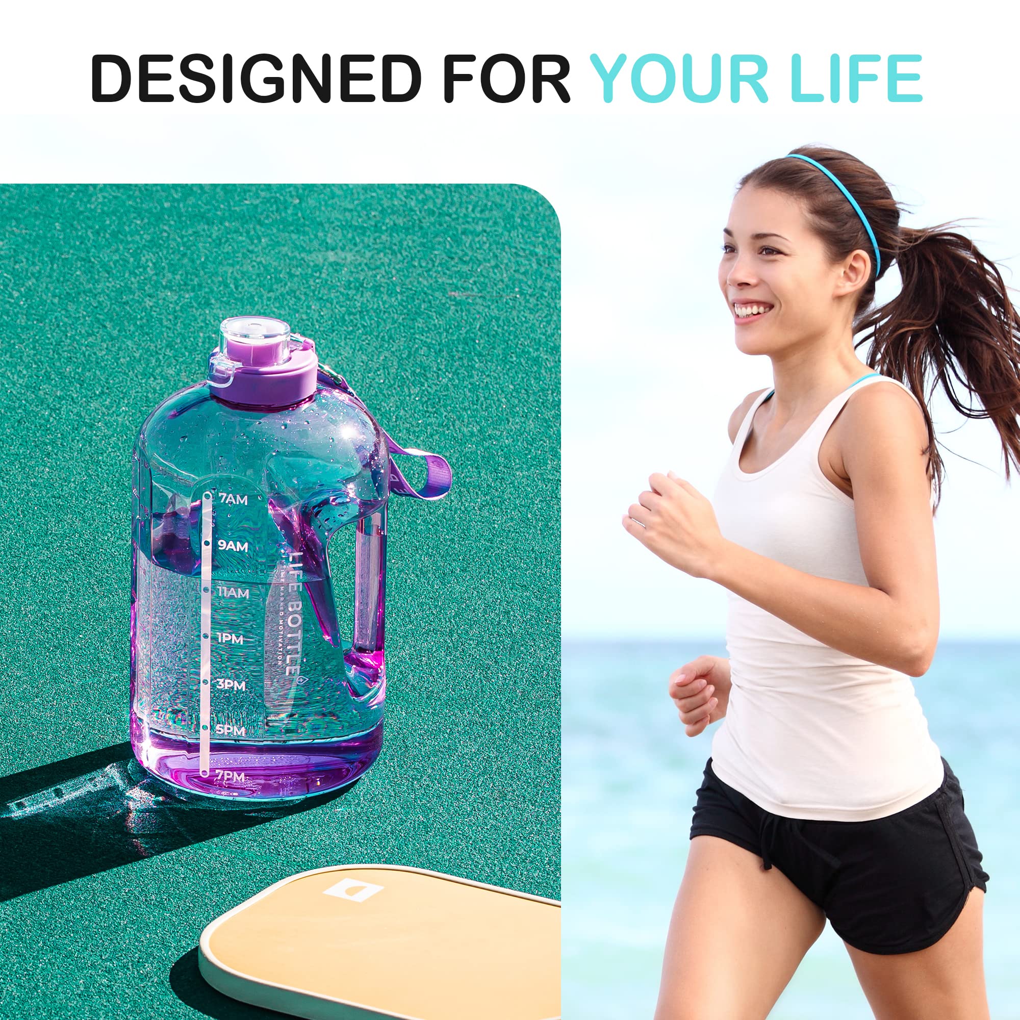 Life Bottle 1 Gallon Water Bottle with Straw Lid and Chug Lid, Leakproof Water Jug. Big Water Bottle with Time Marker, No Quotes. 128 oz with Handle and Straw, BPA Free