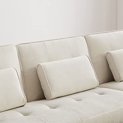 Antetek Convertible Linen Futon Sofa Bed, L-Shaped Sectional Sofa Couch with Left Chaise, Adjustable Backrest & 3 Toss Pillows, Mid-Century Modern Modular Sofa, Living Room Furniture Set (Beige)